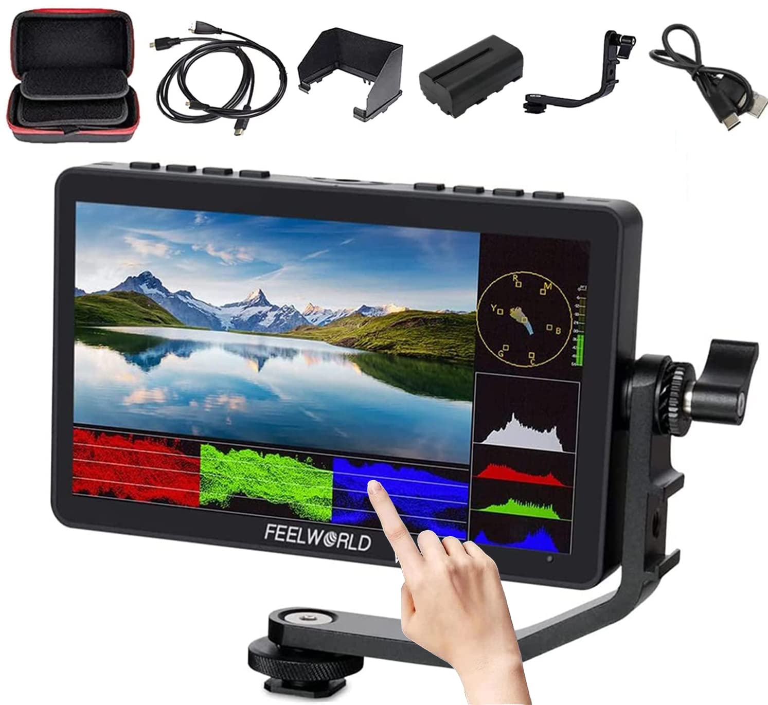 FEELWORLD F5 Pro V4+ Battery+ Charger+Carry Case 6 Inch Touchscreen Camera Field Monitor with 3D LUT F970 External Kit Install for Power Wireless Transmission Support 4K HDMI Input Output 5V Type-c
