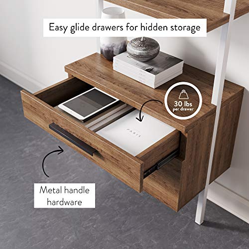 Nathan James Theo 6-Shelf Tall Bookcase, Rustic Oak/White & Theo Industrial Bookshelf with Wood Drawers and Matte Steel Frame, 3-Shelf, Oak/White