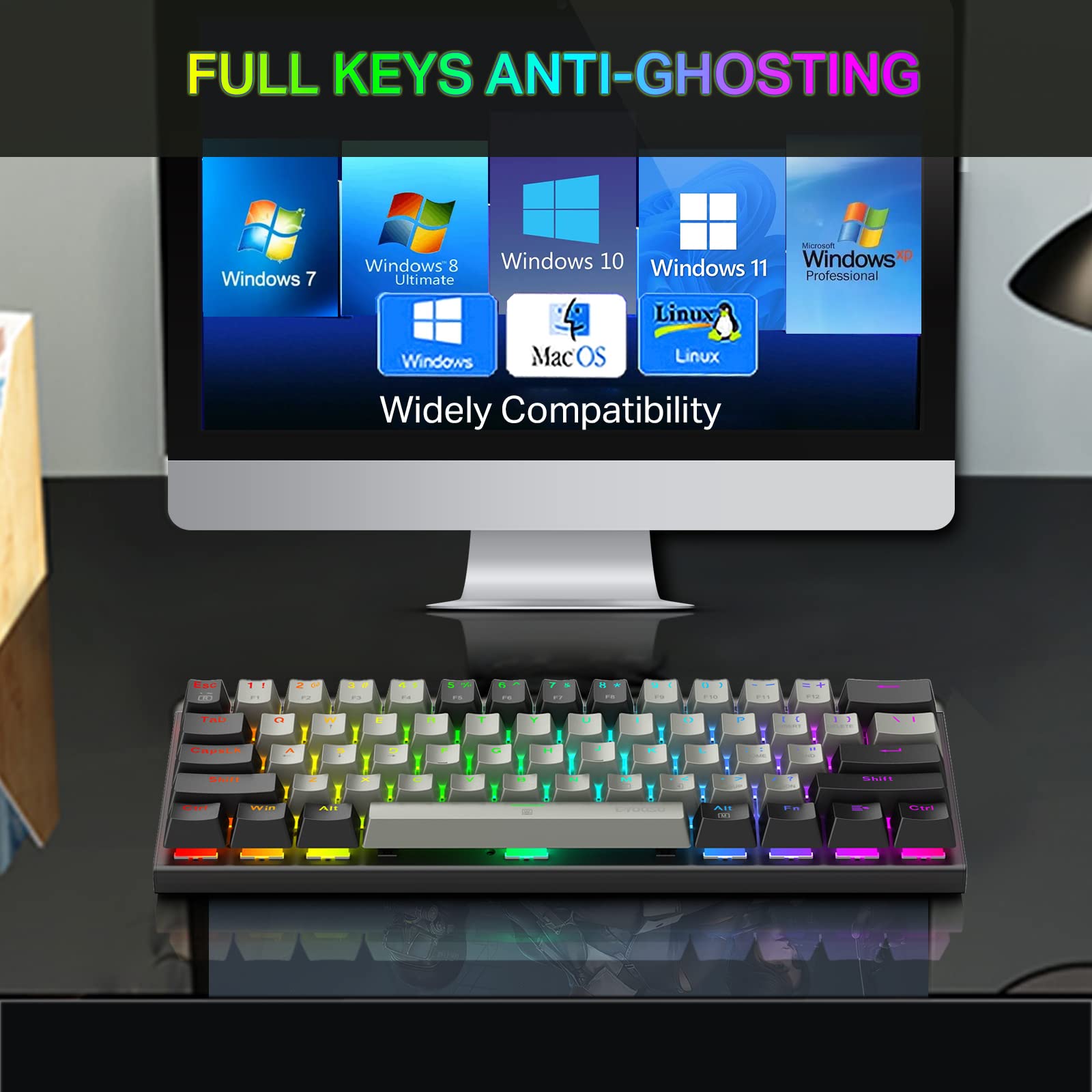 E-YOOSO 60% Wired Mechanical Gaming Keyboard, RGB Backlit Ultra-Compact 61 Keys Hot Swappable Mini Waterproof Wired Office Keyboard with Red Switches for Windows, Mac OS Gamers (Grey Black)