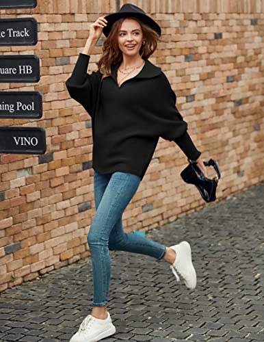 MEROKEETY Women's Batwing Long Sleeve V Neck Pullover Sweaters Foldover Collared Casual Knit Jumper Tops Black