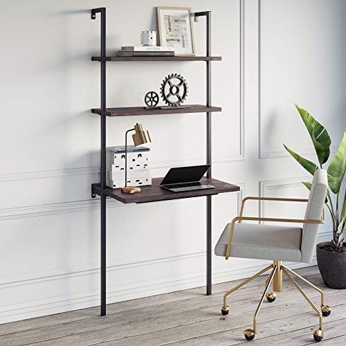 Nathan James Theo 2-Shelf Industrial Wall Mount Ladder Table, Nutmeg/Matte Black & Theo 4-Shelf Bookcase, Floating Wall Mount Shelves with Natural Wood and Industrial Pipe Metal Frame, Nutmeg/Black