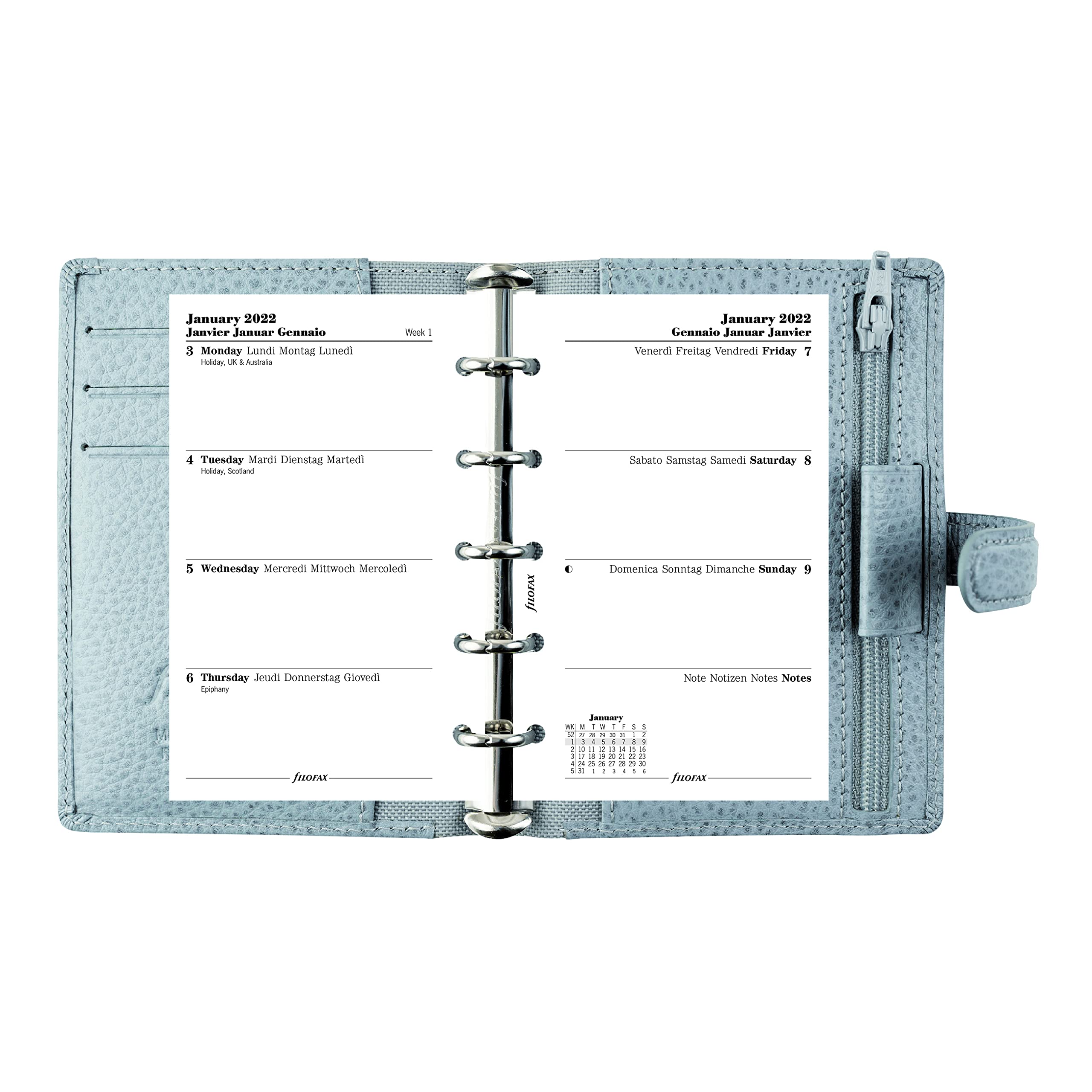 Filofax Finsbury Organizer, Mini Size, Slate Grey - Traditional Grained Leather, Six Rings, Week-to-View Calendar Diary, Multilingual, 2022 (C029508-22)