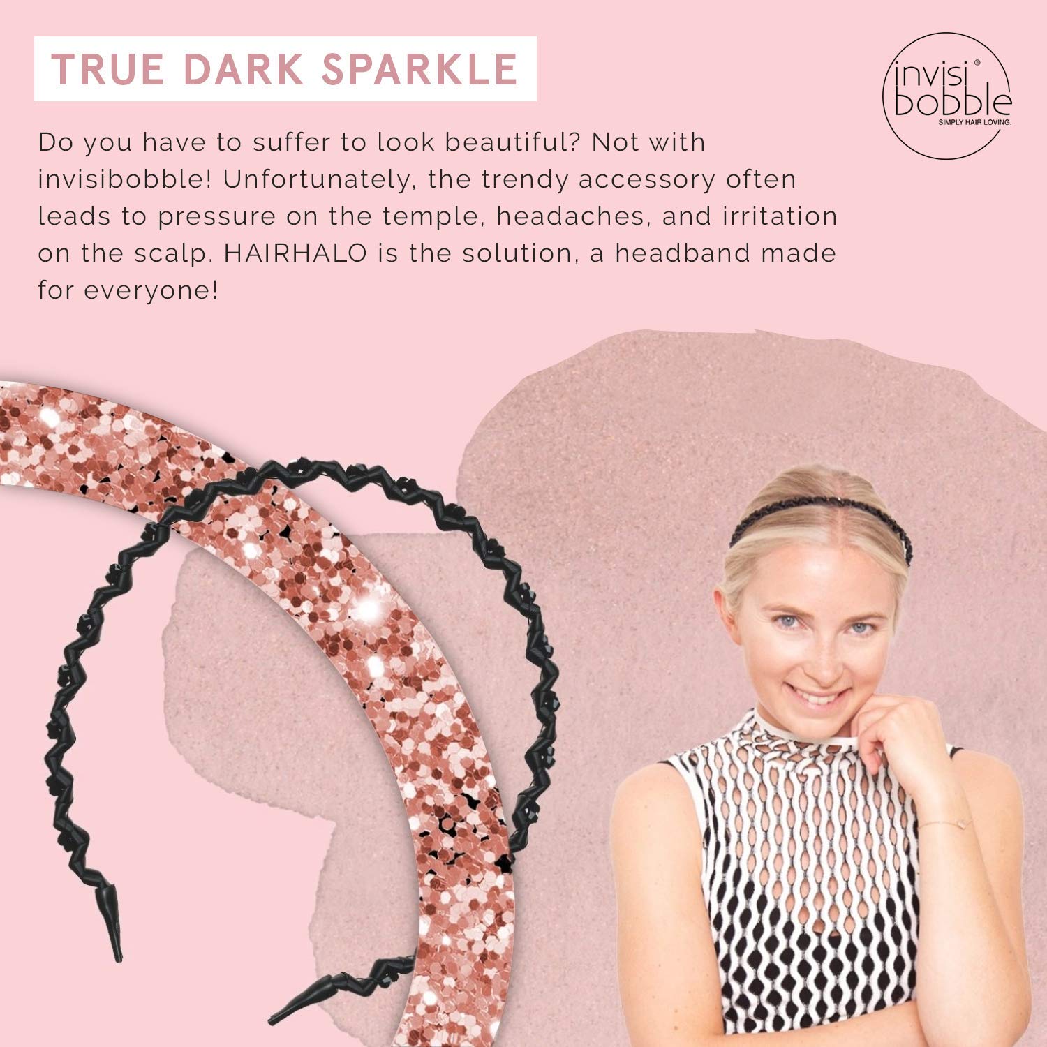 invisibobble HairHalo The Adjustable Headband - True Dark Sparkle - Hairbands Made for Everyone -Worn All Day with No Pain or Uncomfortable Pressure