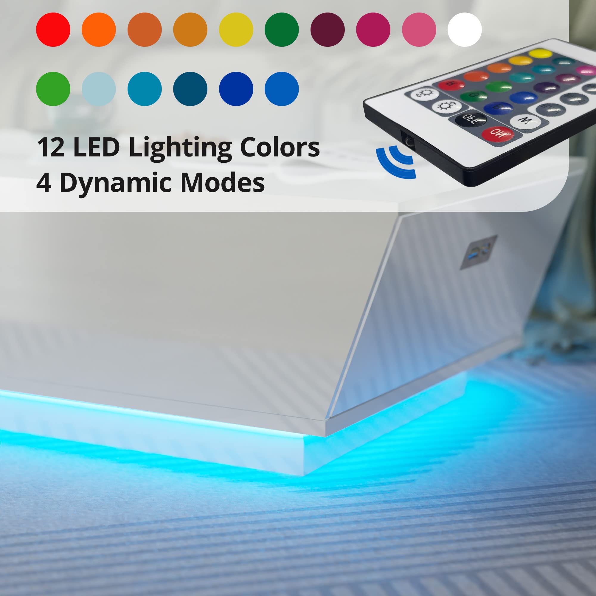 Cozy Castle Black Modern Coffee Table with LED Lights, High Gloss Coffee Table with Storage Drawers, Contemporary Center Table for Living Room