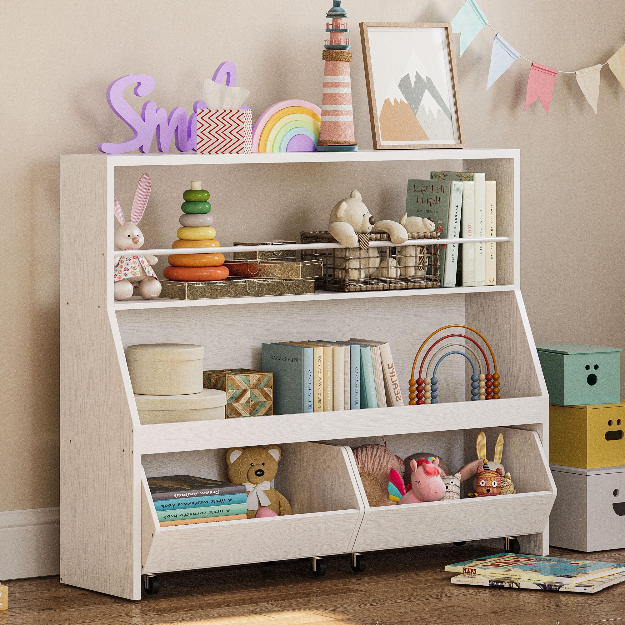 IRONCK Toy Storage Organizer, Kids Bookshelf with 2 Movable Cubby Drawers, Top Toy Shelf with Crossbar, Storage Cabinet for Nursery, Playroom, White