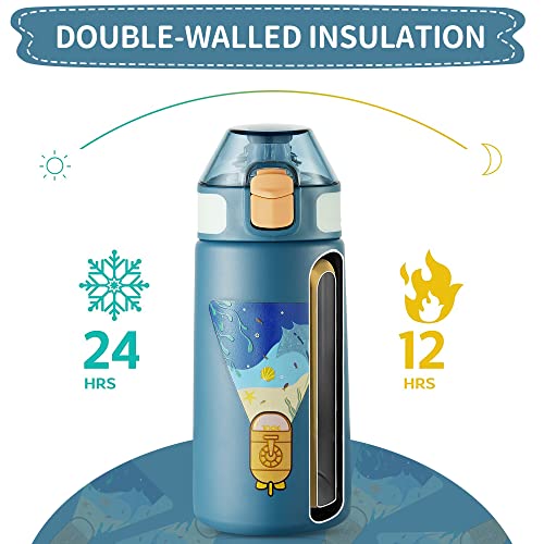 Kids Water Bottle 16 oz Stainless Steel 18/10 Vacuum Insulated Water Bottle Wide Mouth Flask with Leak proof Straw Lid for School Blue