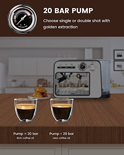 Teglu Espresso Machine 20 Bar with Milk Frother, Semi-Automatic Latte & Cappuccino Coffee Maker Duo-cup 33oz/1L Removable Water Tank for Home/Office, 1450W, Stainless Steel