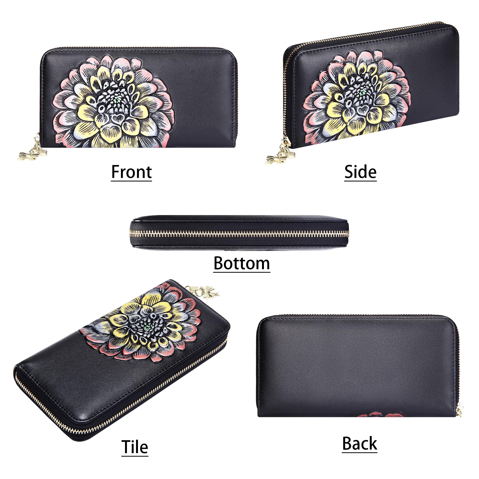 FEITH&FELLY Women RFID Blocking Wallet Embossed Genuine Leather Wristlet Clutch Purse Handbag