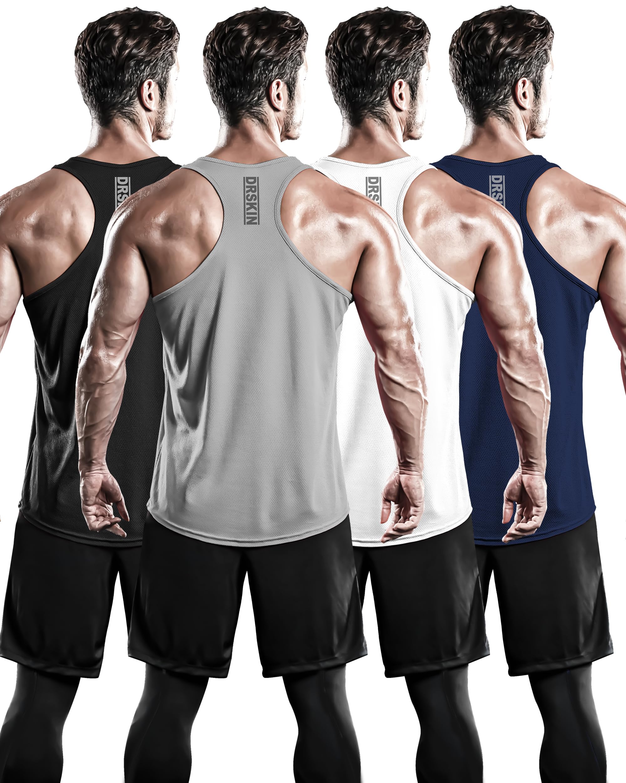 DRSKIN Men's 4-Pack Dry Fit Y-Back Muscle Tank Tops, Gym Bodybuilding Training, Athletic Workout Cool Shirts (BTF-ME-TA, M)