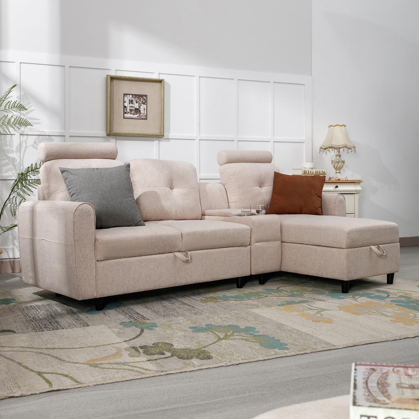 MUZZ 89" Sectional Sofa with Storage Chaise with Cup Holders, Modular L Shaped Sectional Sofa with Neck Pillows, Convertible Sectional Couch for Living Room/Apartment,Light Grey