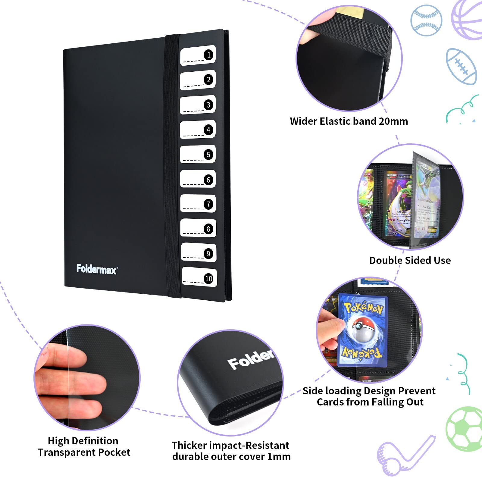 Foldermax Card Binder - 9 Pocket Trading Card Album Folder - 360 Side Loading Pocket Binder for TCG