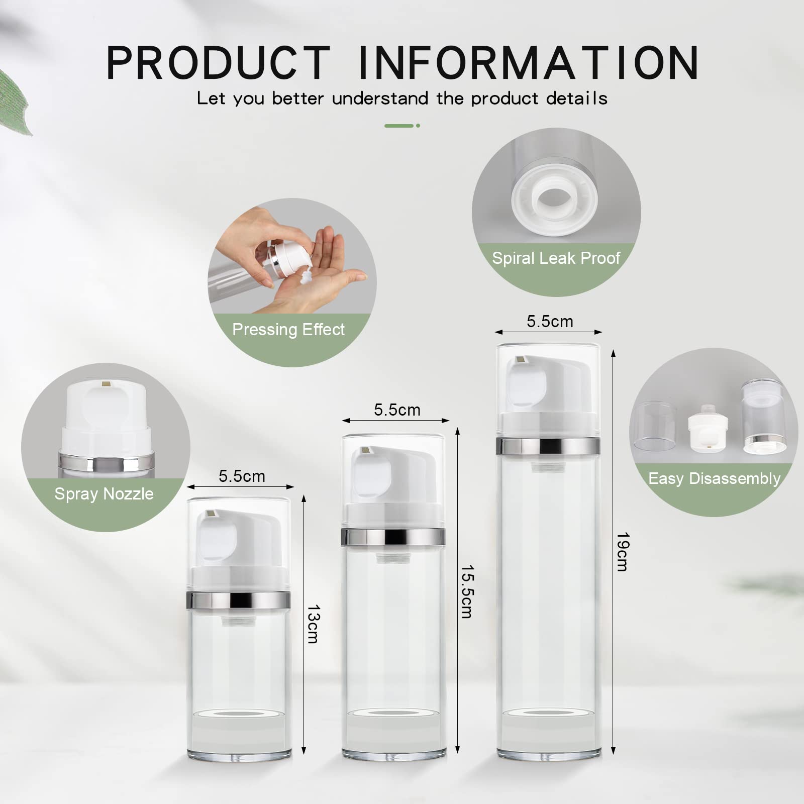 IOOROSE Airless Pump Bottle Refillable Travel Containers 100 ml/3.5 oz (Clear, 2 Pack)