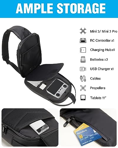 PEKREWS Mini 3 Pro Case, Waterproof Hard Carrying Case Portable Travel Drone Bag Sling Backpack Compatible with DJI Mini 3 Pro with RC Controller, Fly More Combo and Accessories, Black (Case Only)