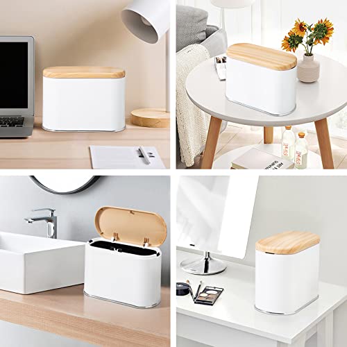 SYNCVIBE Mini Trash Can with lid Small Countertop Trash Can with Wood Grain Lid, 0.5 Gallon Tiny Desktop Wastebasket with Lid, 2 Liter Pop Up Plastic Trash Bin for Bathroom, Bedside, Study, Office