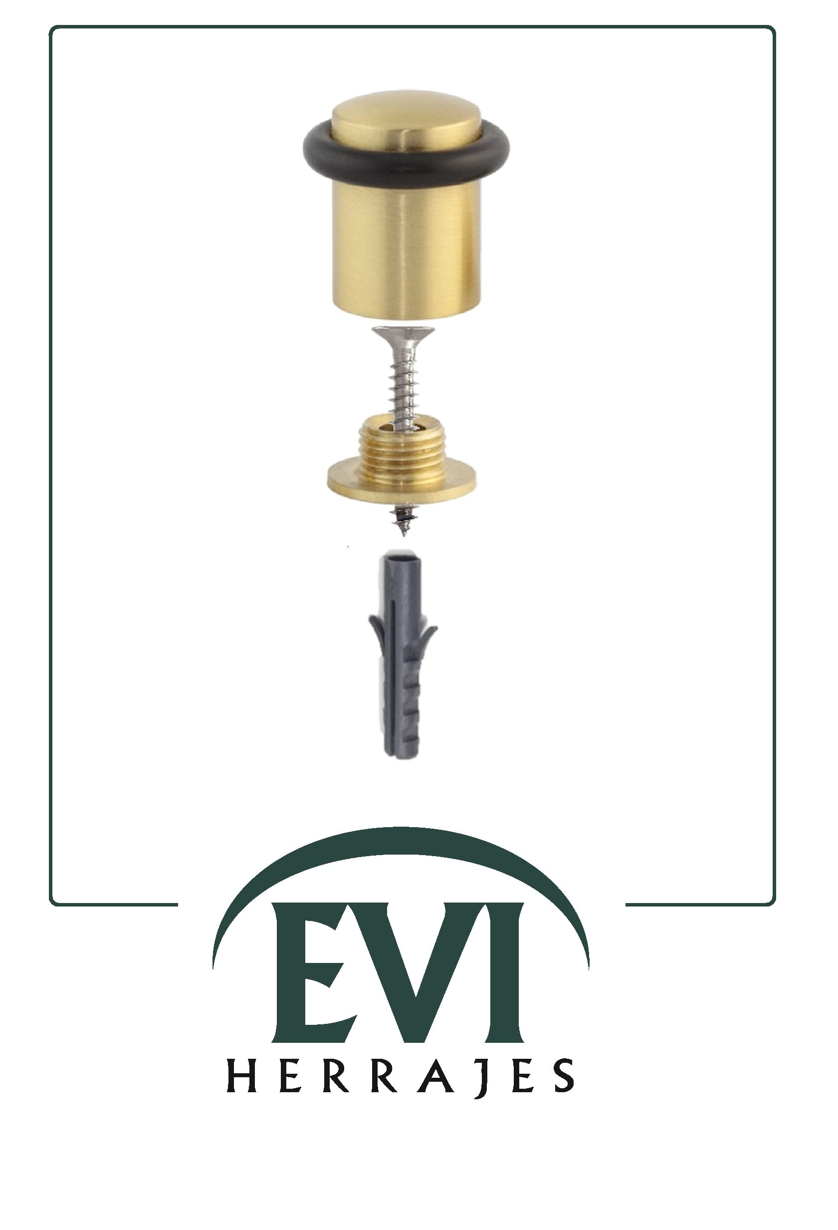 EVI | Doorstop | 1.06'' X 1.15'' | Threaded Base | Natural Silicone Black Rubber | Brass Matte Finished | Includes Strips + Fastening Anchor | 2X Mod. I-108