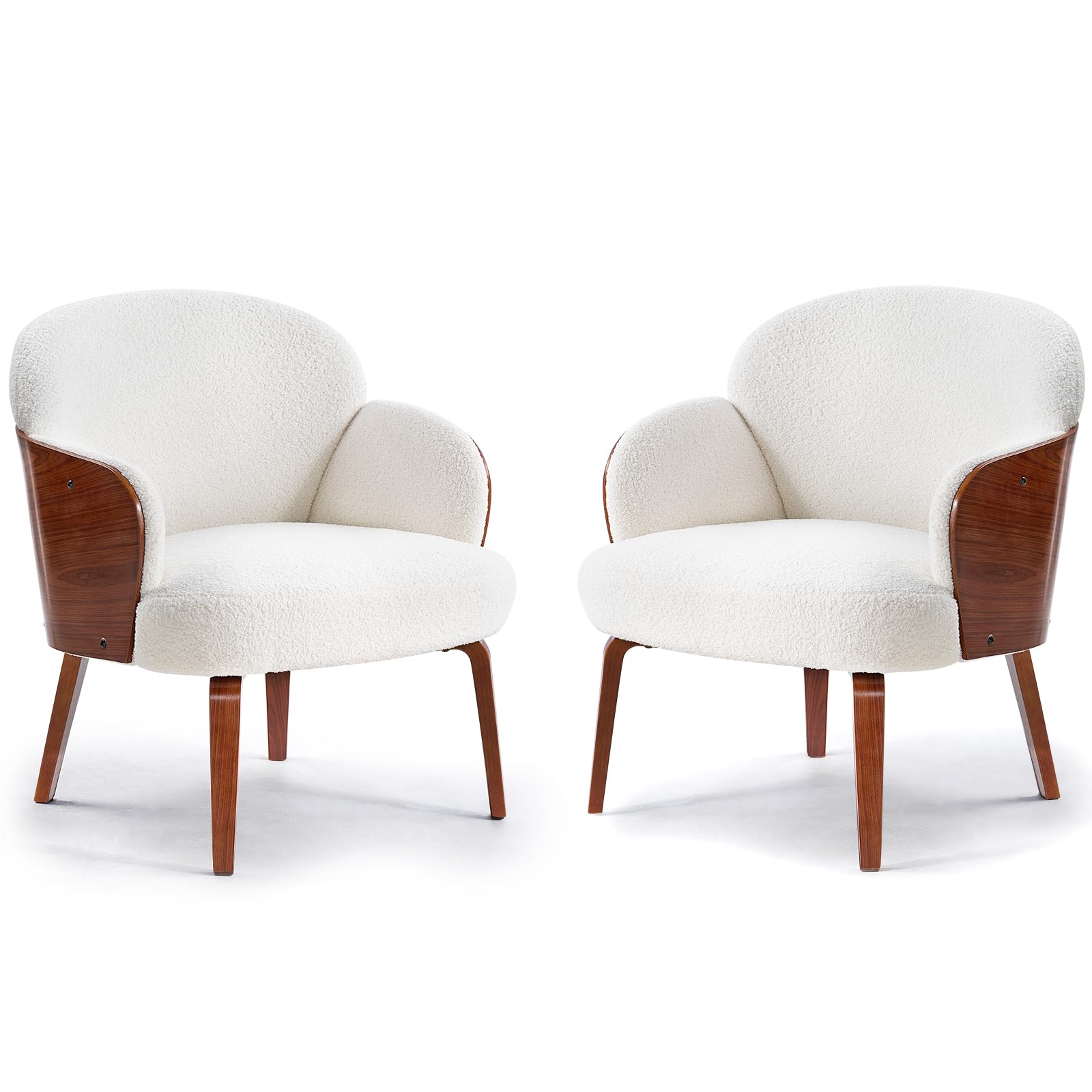 Jocisland Mid Century Modern Accent Chairs Set of 2 - Plush Teddy Velvet Upholstered Armchair with Solid Bentwood Frame, Comfy Vanity Chair for Living Room Bedroom Reading Makeup Room(White)