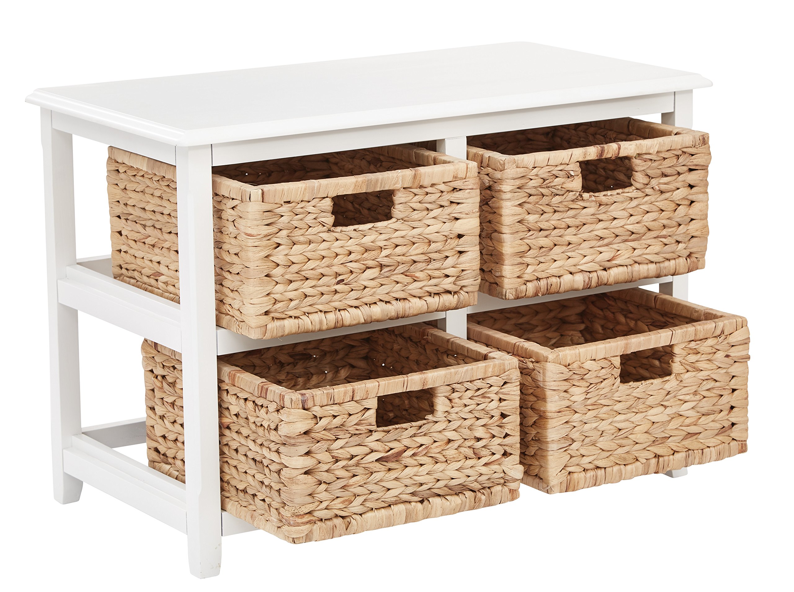 OSP Home Furnishings Seabrook Storage Tower with Solid Wood Frame and Natural Baskets, 2-Tier, 4-Drawer, White Finish