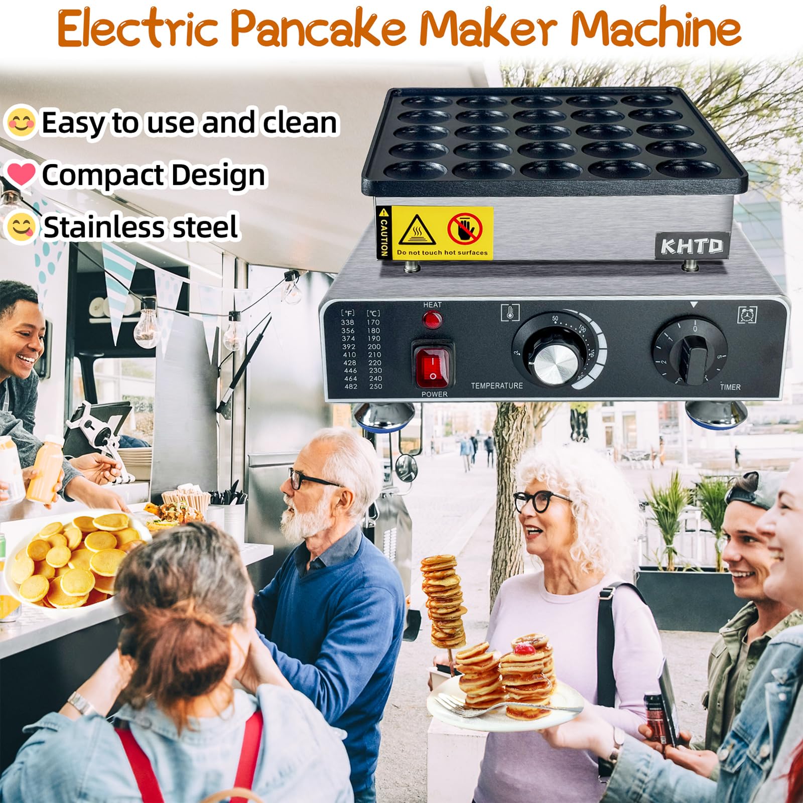 KHTD Mini Pancake Maker Machine, 25PCS Electric Nonstick Dutch Pancake Maker, 1.6 Inches Commercial Muffin Maker with Thermostat & Timer Control for Home Restaurant Snacks (12.8"D x 11.5"W x 7.6"H)