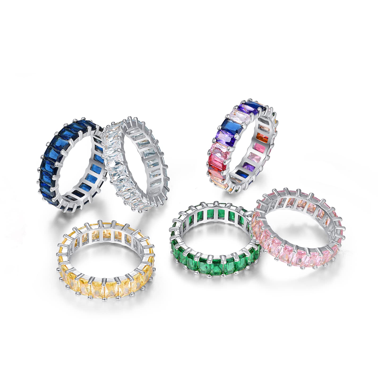 Eternity Rainbow Ring 14K Gold Plated Cubic Zirconia Emerald Sapphire Rings Multi Color Gemstone Eternity Bands Ring for Women (Rainbow-White Gold, 7)