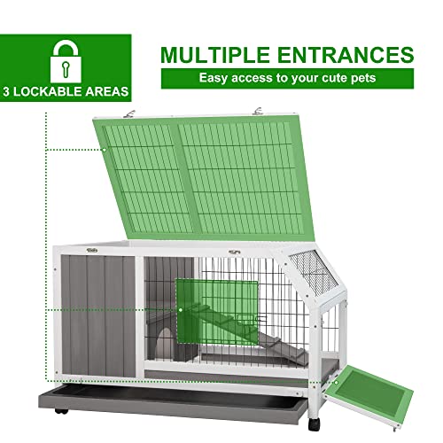 Gowoodhut Rabbit Cage On Wheels Outdoor Rabbit Hutch with Ramp, Pull Out Tray Indoor Wooden Guinea Pig House Bunny Hutch for for 1-2 Rabbit Guinea Pig Hedgehogs (GREYWHITE)