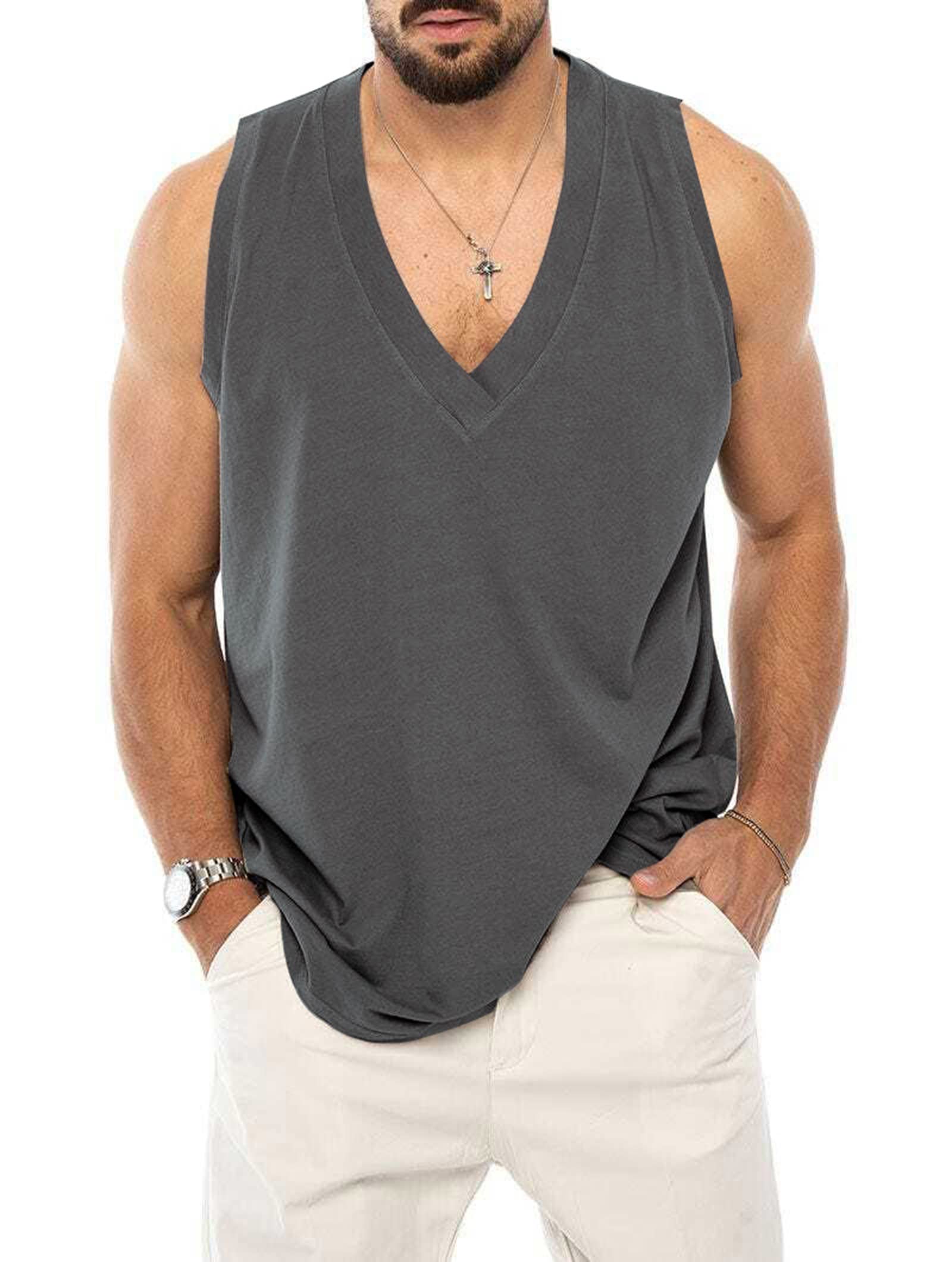 Dry Fit Muscle Shirts for Men Deep V Neck Tank Top Mens Athletic Tank Top Loose Fit Casual Sport Shirts Dark Gray XL