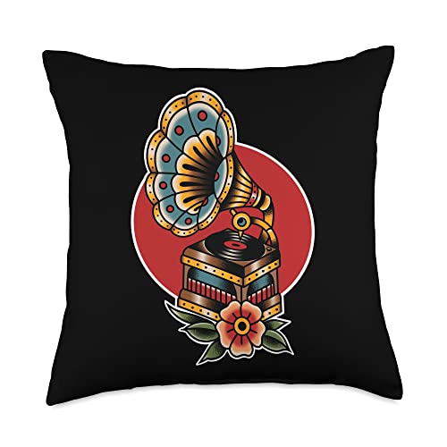 Seven Relics Vintage Record Player Traditional Tattoo Art, Music Lover Throw Pillow, 18x18, Multicolor