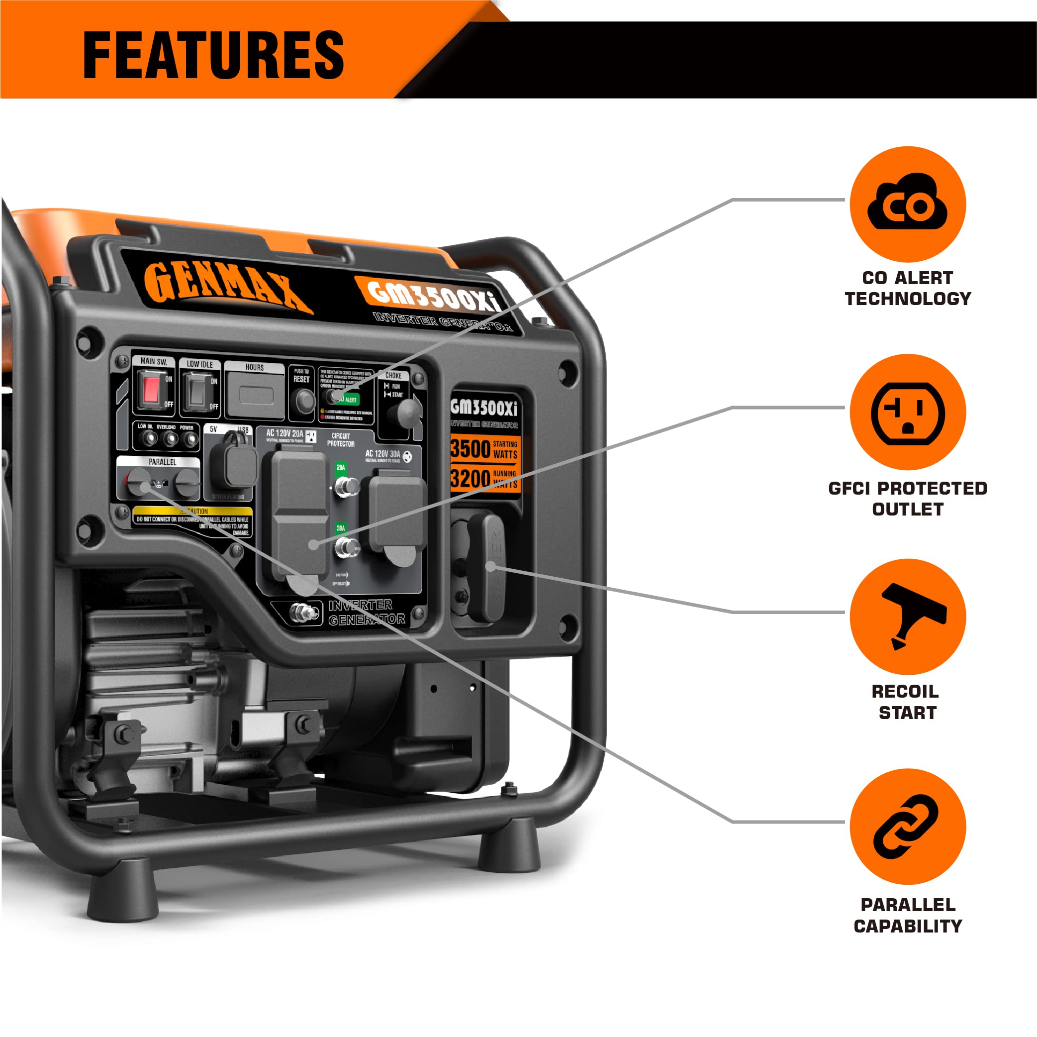 GENMAX GM3500Xi Open Frame RV Ready Inverter Generator-3500 Peak Watts-Gas Powered,Quiet Technology, EPA Compliant