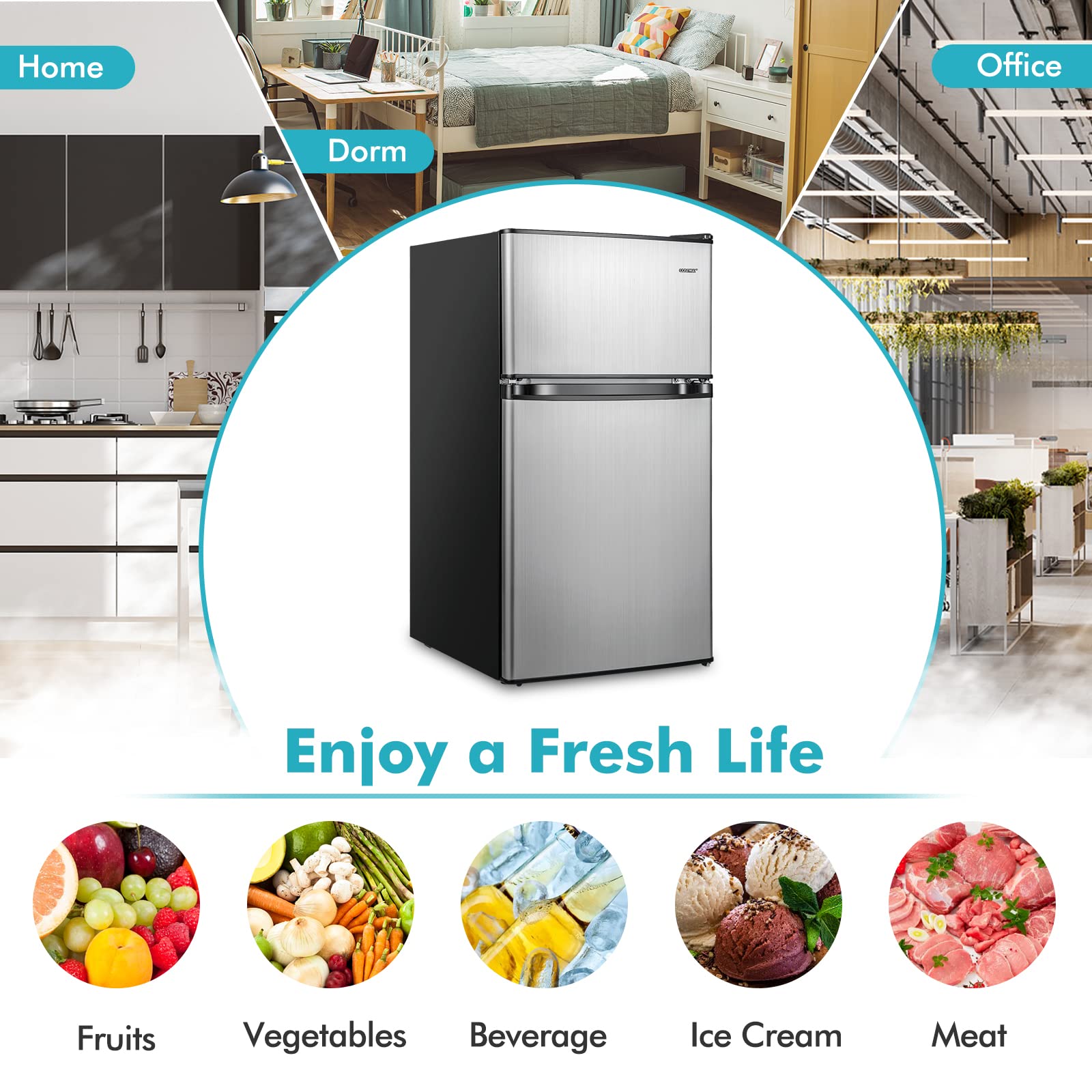 COSTWAY Compact Refrigerator, 2 Reversible Door 3.3 CU.FT. Mini Fridge and Freezer Compartment with Adjustable Thermostat & Removable Glass Shelves for Dorm Apartment Office (Silver)