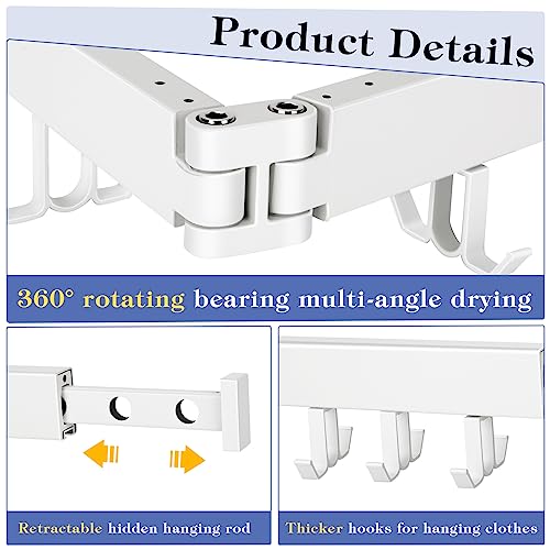 Smitenoon Clothes Drying Rack Wall Mounted Clothes Rack Collapsible Retractable Drying Hanging Racks Space Saver Balcony, Bedroom, Laundry Drying Rack, Bathroom Clothesline - Tri-Fold - White