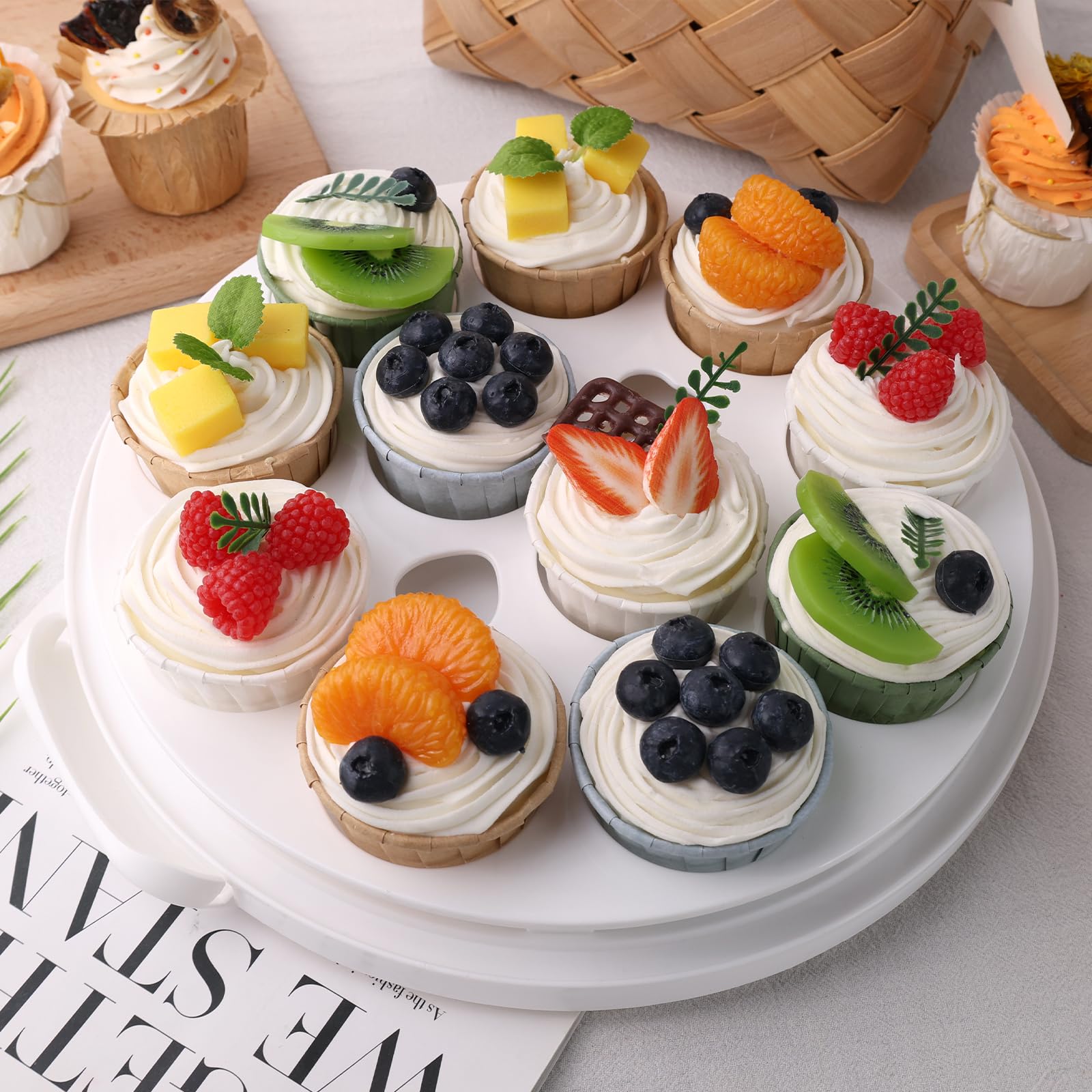 JOHOUSE Cake Carrier with Lid, White Round Cake Holder Cupcake Container with Dome for 11 Cupcakes 2 in 1 Portable Dessert Container for Cake Pie Muffin Cobbler