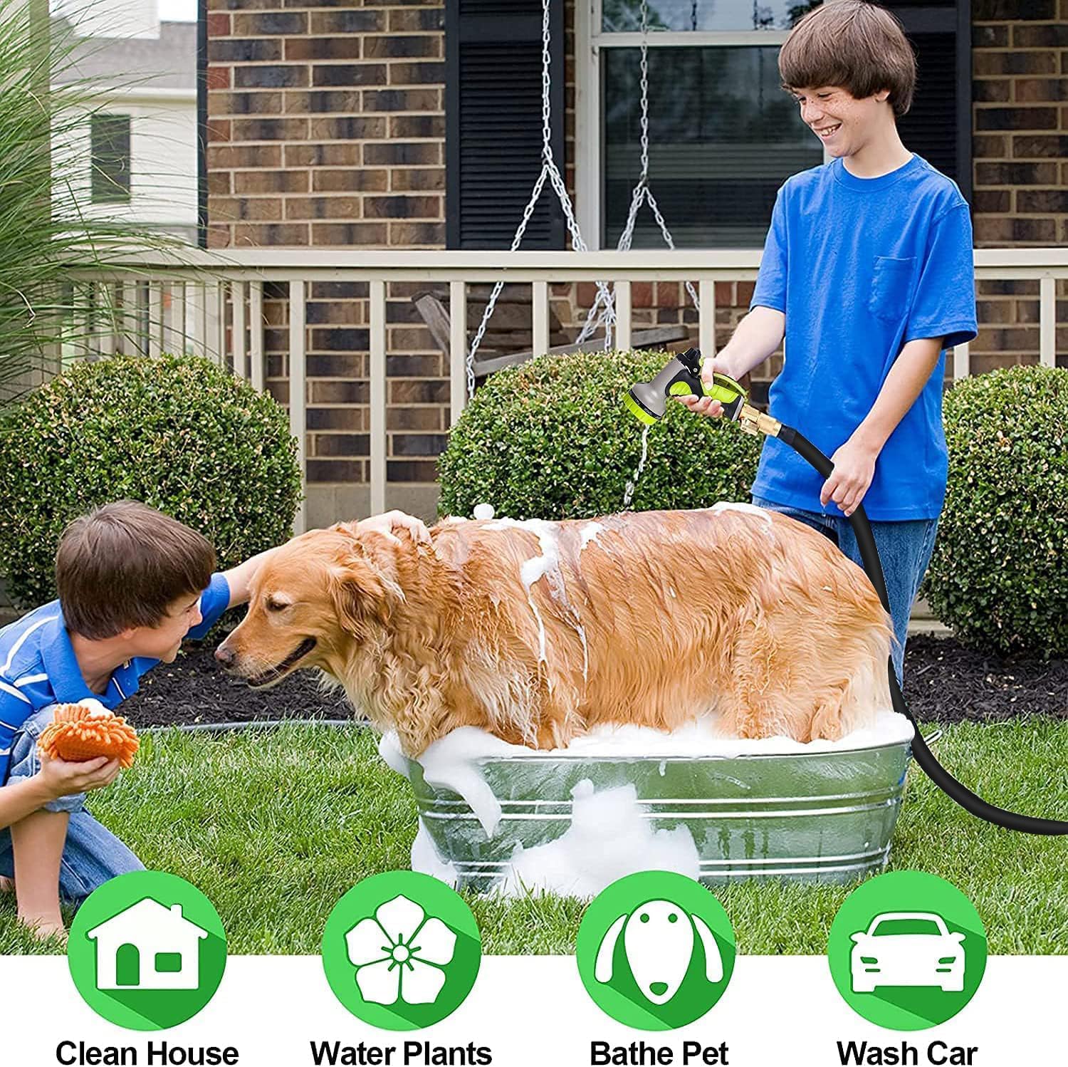 Garden Hose 100 ft with 9 Function Nozzle, 4-Layer Latex Core Flexible Leakproof Water Hose with Solid 3/4" Brass Fittings,No Kink Tangle-Free Extra Strength 3750D Hose