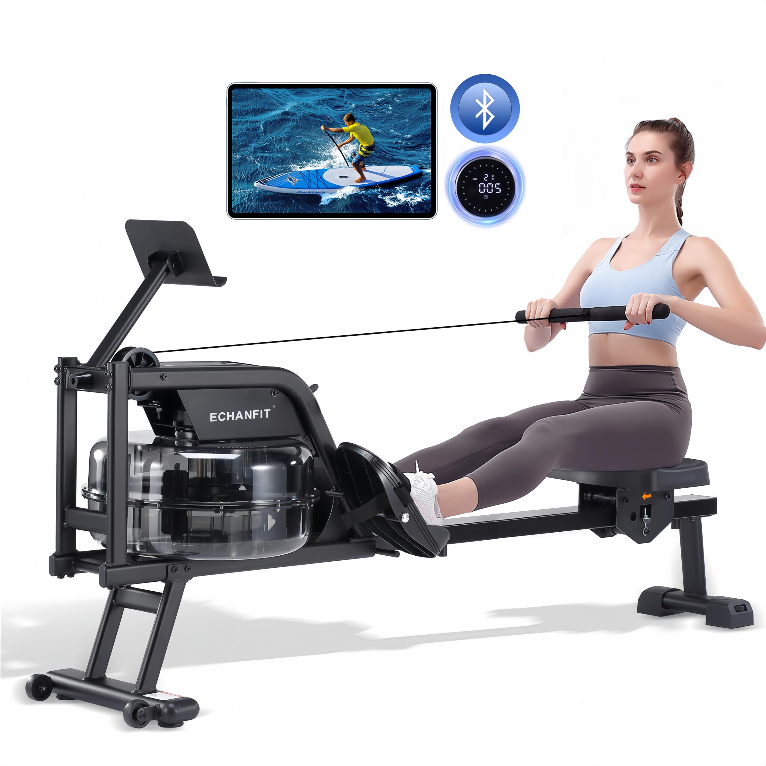 ECHANFIT Water Rowing Machine with 6 x 32 Levels Resistance and Bluetooth, 400lb Weight Capacity Rower with Digital Monitor Tablet Holder for Home Use