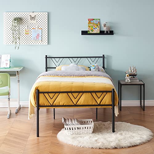 Liink1Ga Twin Bed Frames with Headboard, Twin Bed Frame No Box Spring Needed, No Squeaky, Easy to Assemble Twin Size Bed Frames, Victorian Style