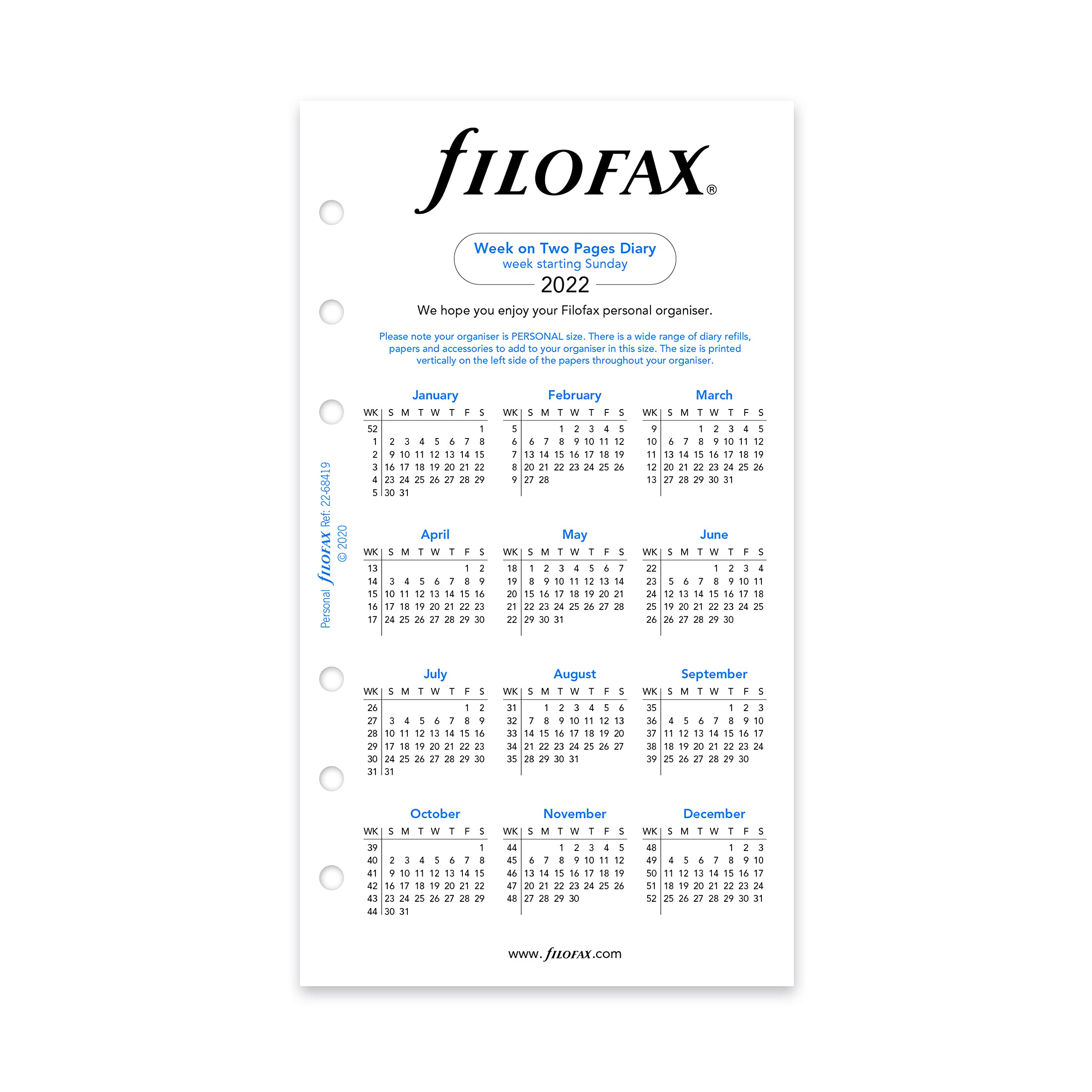 Filofax Refill, Personal/Compact Size, Week-to-View with Notes Section, Sunday to Saturday, White Paper, Unruled, English, 2022 (C68419-22)