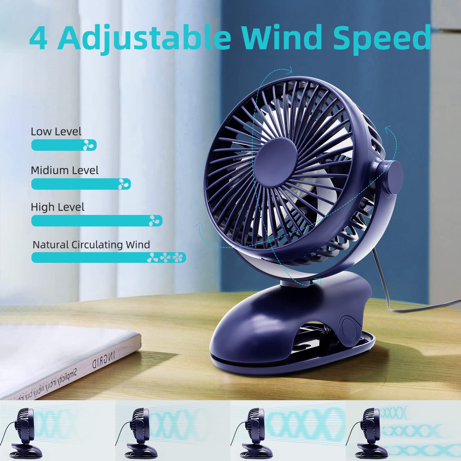 ELOUYCKE Clip on Fan, 6.7 Inch USB Small Table Fan, Portable Desk Fan with Strong Airflow, 4 Speed Adjustable, 720 Degree Rotation for Home Office Bedroom Table and Desktop (Blue)