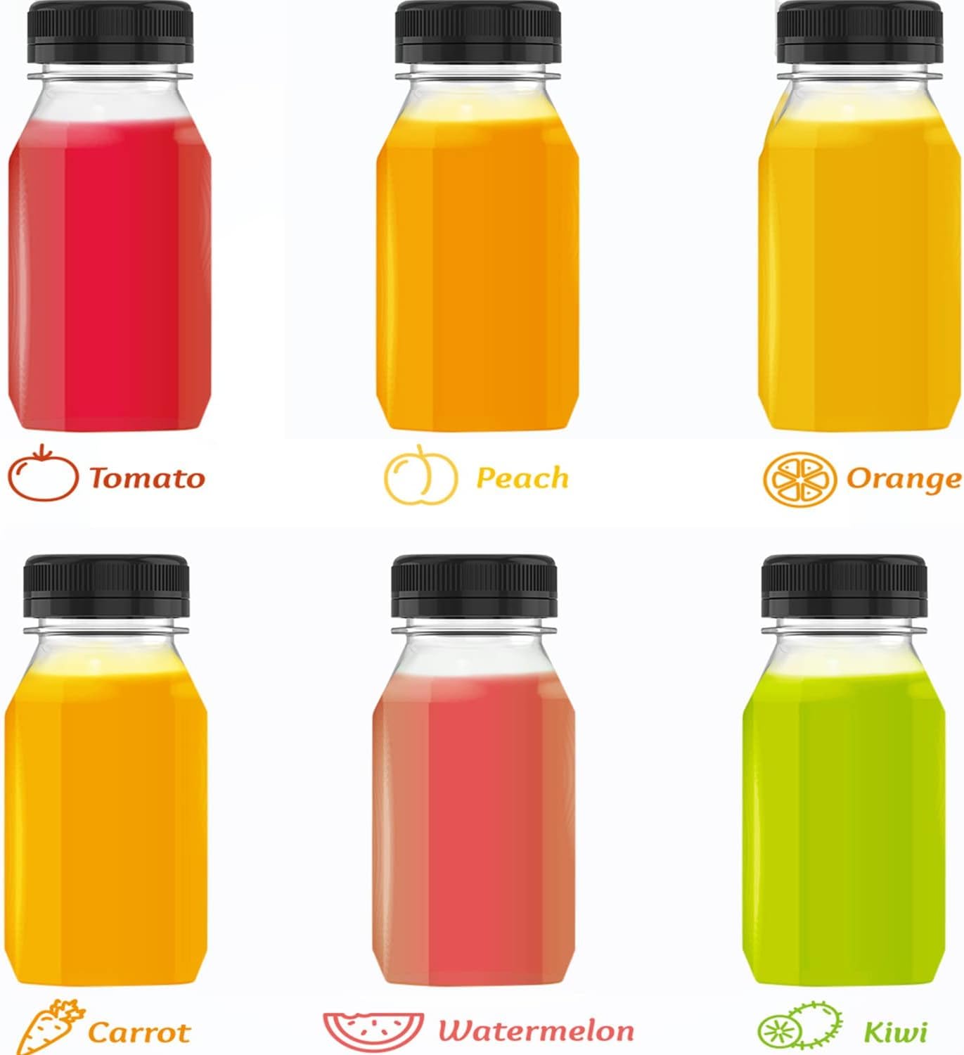Hulless 40 Pcs 4 Ounce Plastic Juice Bottle Drink Containers Juicing Bottles with Black Tamper Proof Lids, Suitable for Juicing, Juice, Smoothies, Homemade Beverages