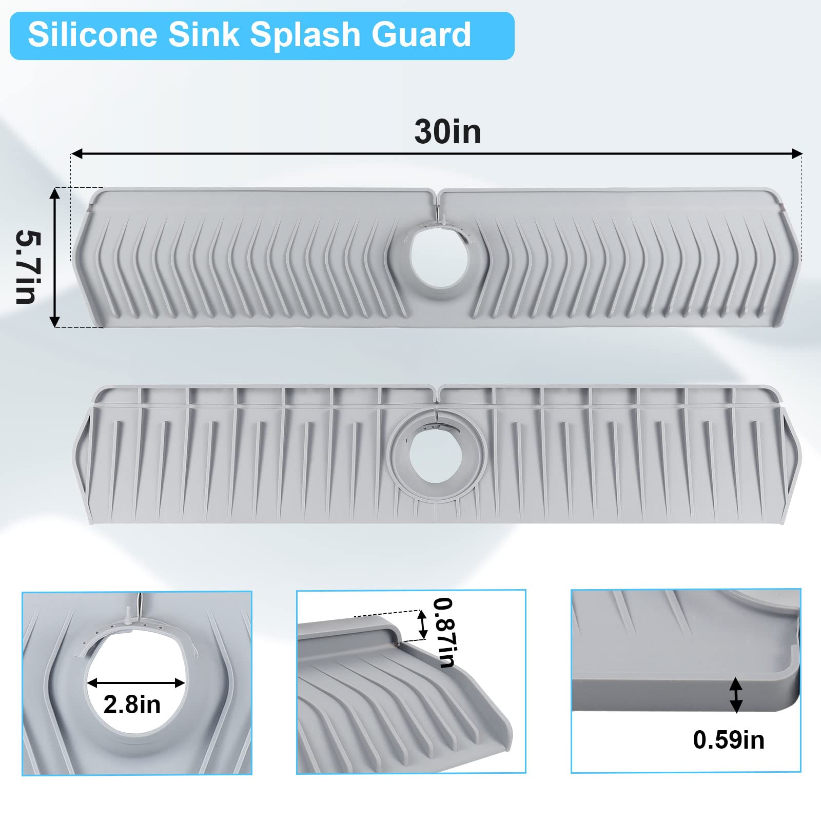 Derlights Silicone Sink Splash Guard Mat,30" X 5.7" Silicone Sink Faucet Mat,Kitchen Faucet Splash Mat,Sink Drain Pad Behind Faucet, Faucet Handle Drip Catcher Tray for Kitchen, Bathroom