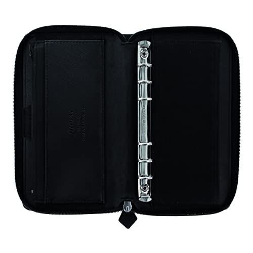 Filofax Saffiano Zip Organizer, Personal Compact Size, Black - Cross-Grain, Leather-Look, Six Rings, Week-to-View Calendar Diary, Multilingual, 2022 (C028775-22)