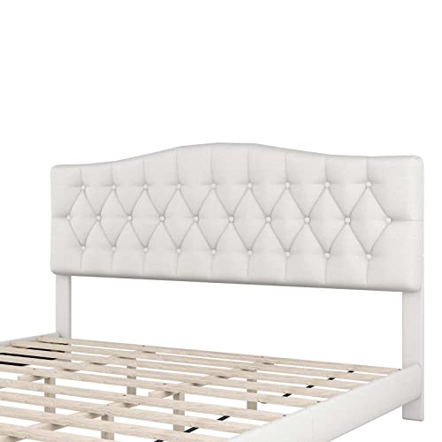 King Size Linen Upholstered Platform Bed Frame with Tufted Headboard for Boys Girls Teens Adults, Noise Free, No Box Spring Needed, Under Bed Storage (King)