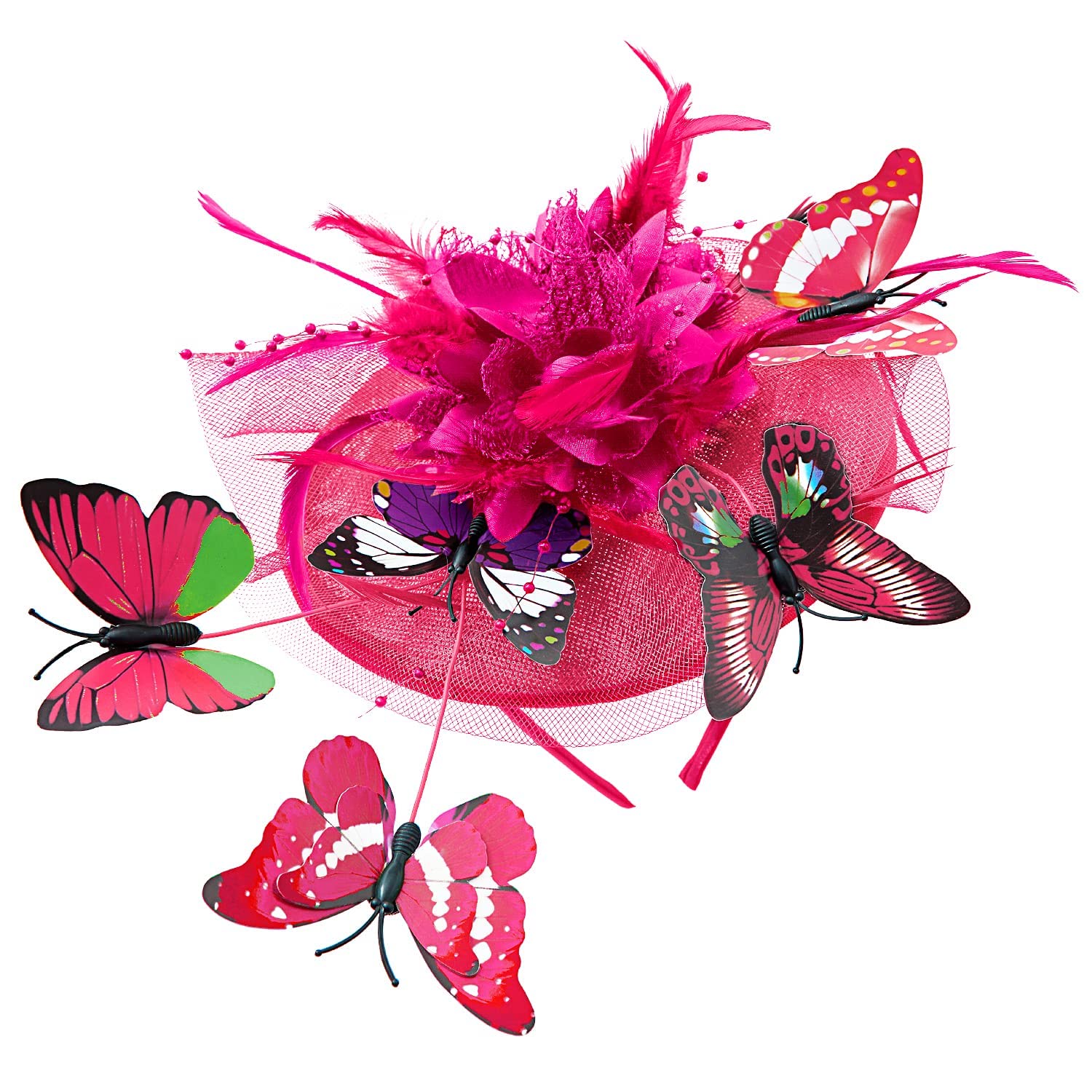 Coucoland Fascinators Hat Tea Party Pillbox Hat Butterfly Fascinator Headband for Derby (Rose Red)