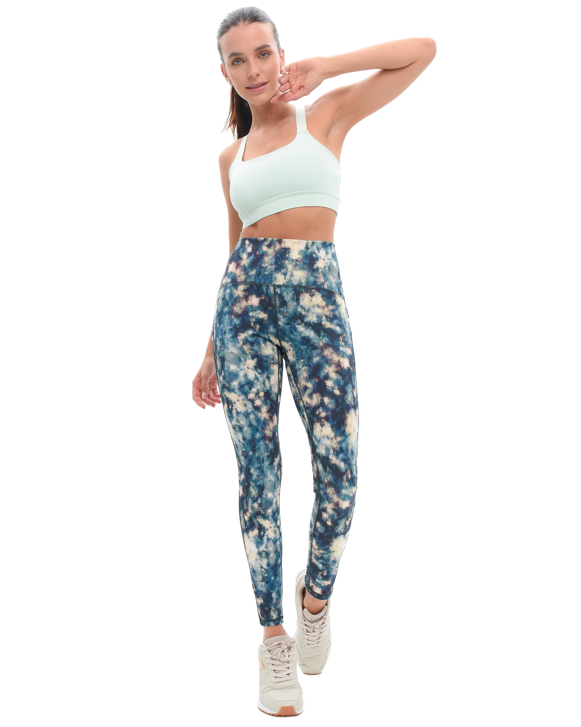 FALABELLA High Waisted Belly Control Leggings for Women Dry Fit for Workout with Lateral Pocket Print Turquoise Medium