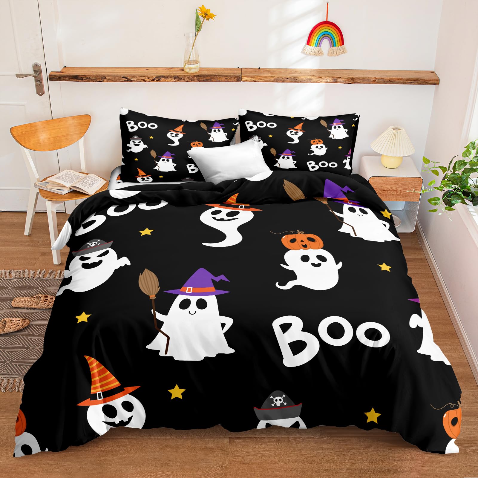 MOVE OVER Pumpkin Bedding Set Queen Size Halloween Duvet Cover Set 3 Pcs Pumpkin Lantern and Cute Bats Witch Hats Printed Kids Halloween Bedding Set(Queen, Black)