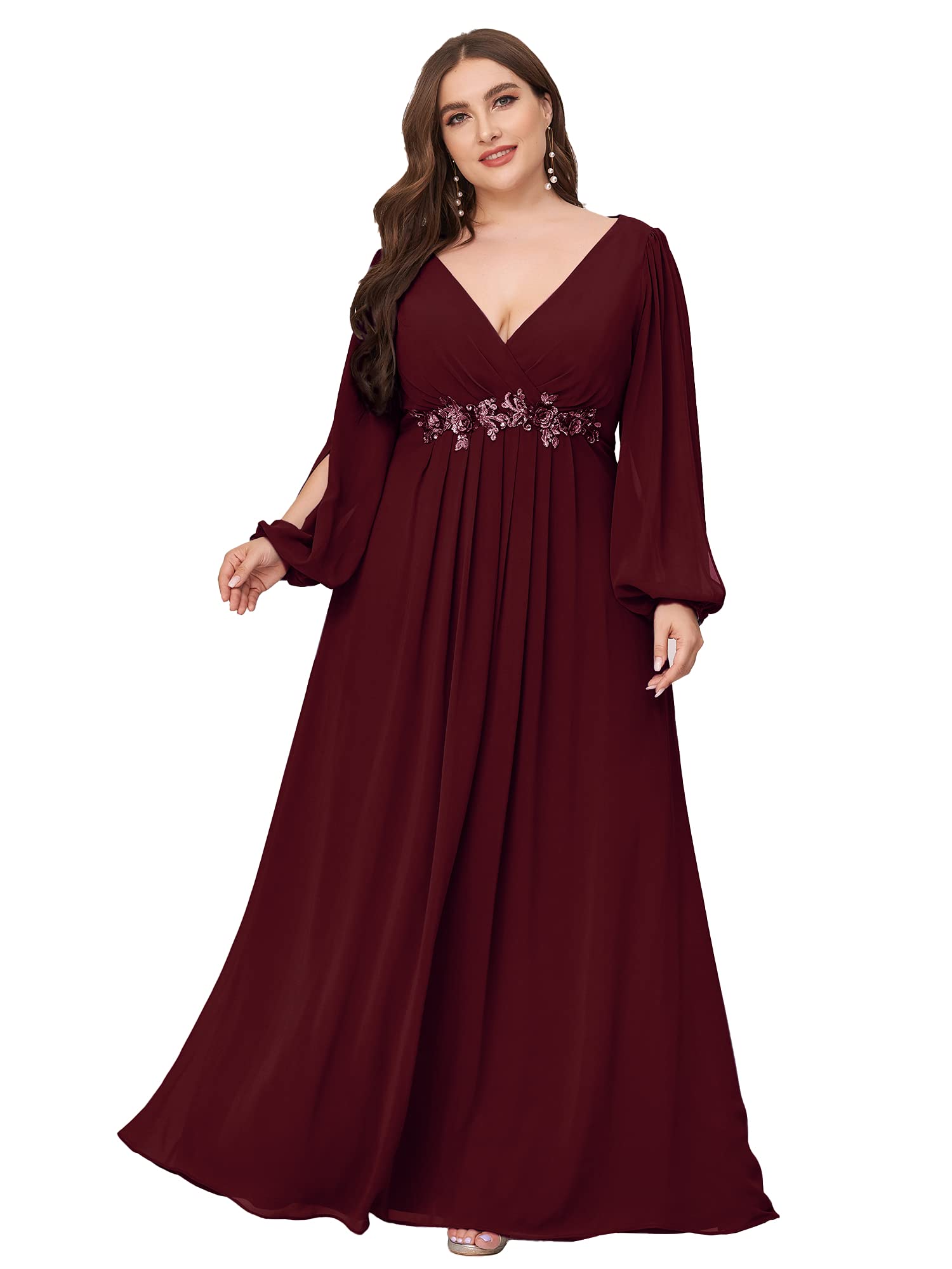 Ever-Pretty Plus Women's Chiffon Plus Size V Neck Side Slit Sleeves Beach Dress Burgundy US24
