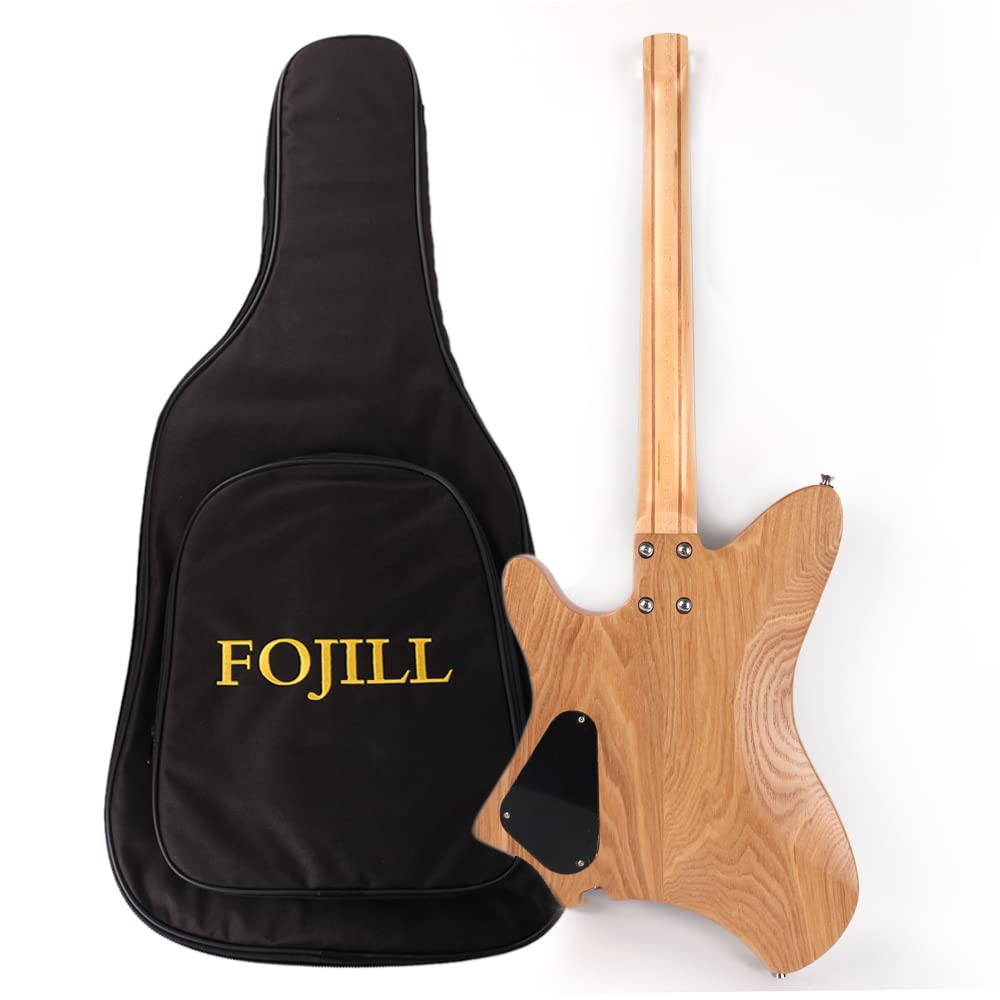Fojill Full Scale Length Travel Portable Electric Guitars Mini Burled Maple Headless Electric Guitar (Black)