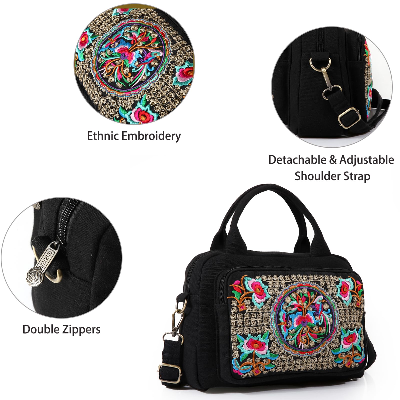Embroidered Canvas Top Handle Handbag, 3 Layers Crossbody Bag