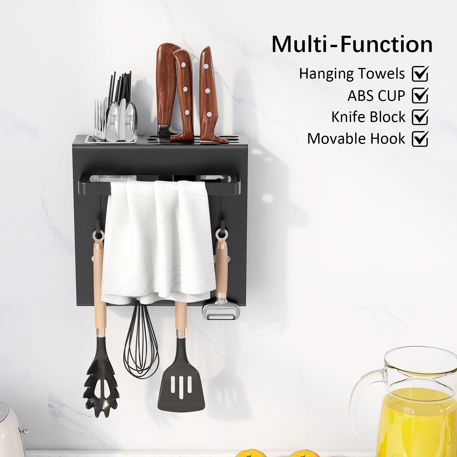 Gypie Knife Holder Without Knives, Multi-Functional Metal Knife Block, Adhesive Or Screw Wall Mount, Quick Draining Space-Saving Knife Storage Organizer for Kitchen (Black)