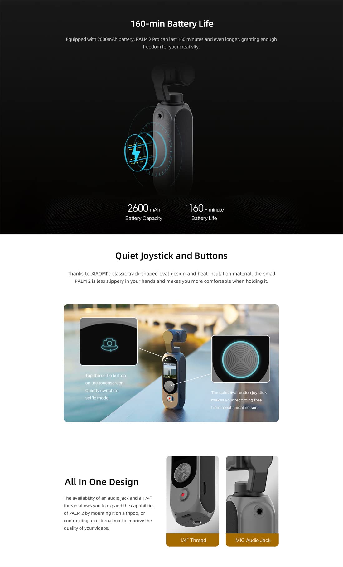 FIMI Palm 2 Pro 3-axis Handheld Gimbal 1/2 Inch Sensor 4K 30fps 160 Minute Mechanical stabilization FIMI Original Pocket Gimbal