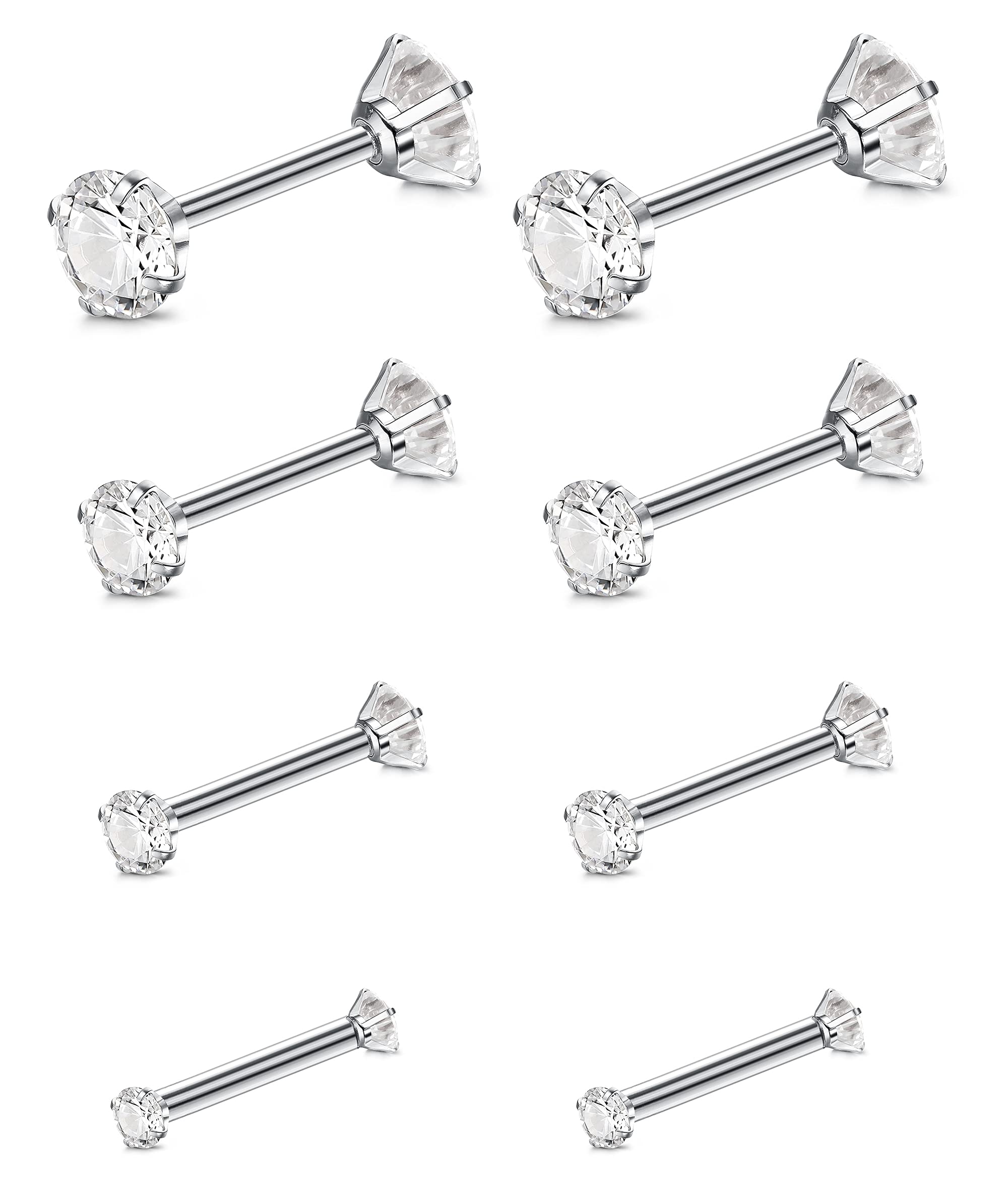 Drperfect 16G Cartilage Earring Stud for Women Men Internally Threaded Double 2MM 3MM 4MM 5MM Round Cubic Zirconia Tragus Helix Piercing Jewelry