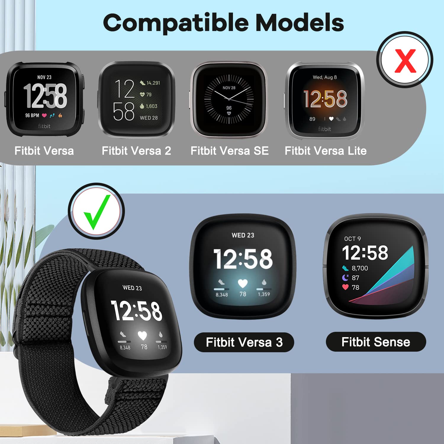 Fimpressiont Compatible with Fitbit Sense/Fitbit Versa 3 Bands Women Men - Adjustable Stretchy Nylon Solo Loop Braided Sport Elastic Strap for Fitbit Sense & Versa 3 Wristband 5 Pack