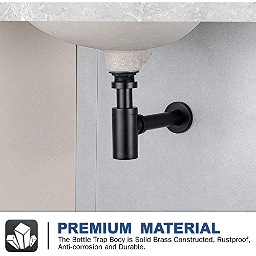 HANEBATH Brass Round Bottle P-Trap 1 1/4, Adjustable Bathroom Basin Sink Waste Trap Drain Kit, Matte Black